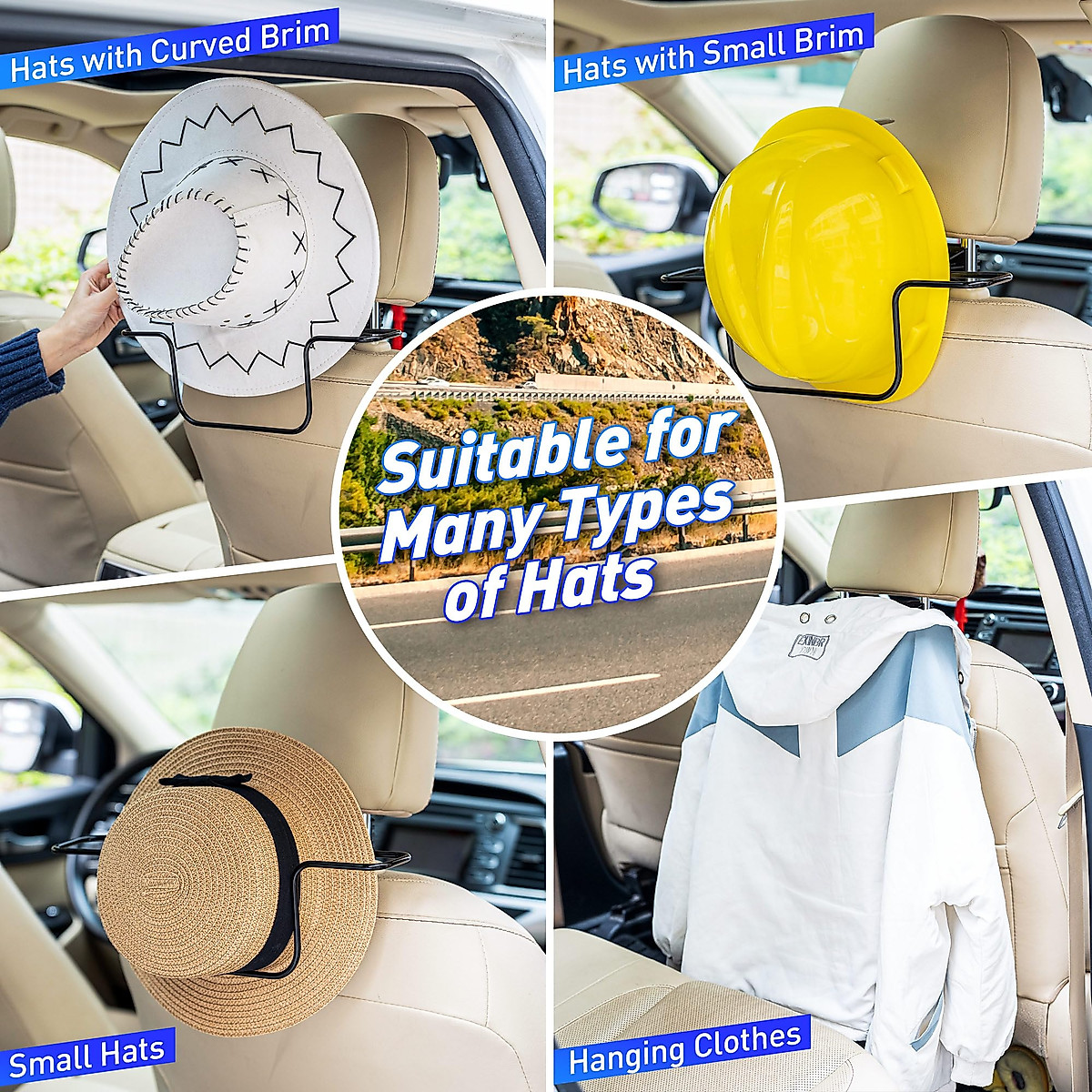 Cowboy Hat Rack for Truck, 2 Pack Cowboy Hat Holder Rack for Truck SUV Car, Keep Hat Shape, Car Clothes Hanger Bar Coat Hanger Hard Hat Holder for Truck Seat Car Accessories