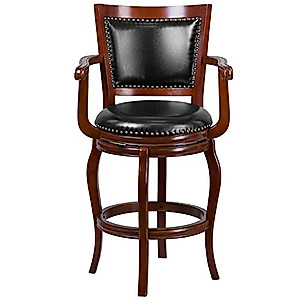 Flash Furniture Vestina 30" LeatherSoft Barstool with Footrest and Arms, Classic Ladder Back Upholstered Bar Height Stool, Cherry Wood/Black