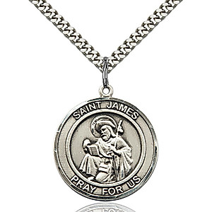 Bonyak Jewelry Saint Medal Collection Sterling Silver St. James the Greater Pendant 1 x 5/8 inches with Heavy Curb Chain