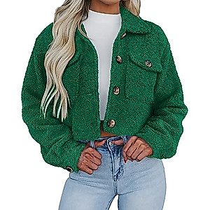 PRETTYGARDEN Womens Fall Clothes Sherpa Shacket Jacket Fuzzy Lapel Button Down Cropped Coat Winter Outerwear (Green,Large)