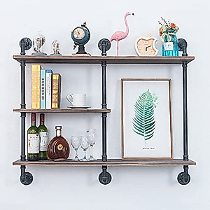 Industrial Pipe Shelving Wall Mounted,Wall Shelf Unit Bookshelf Hanging Wall Shelves,43in Rustic Metal Floating Shelves,Steampunk Real Wood Book Shelves,Farmhouse Kitchen Bar Shelving(3 Tier)