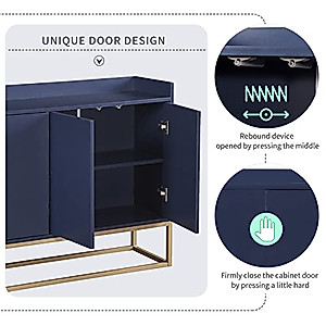 47" Buffet Sideboard Cabinets with Gold Metal Base, 4 Unobtrusive Doorknob, Elegant Freestanding Storage Cabinet, Large Storage Space Kitchen Console Table for Dining Living Room, Entryway, Navy Blue