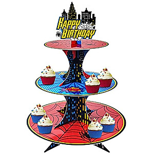 3 Tier Spider Cupcake Stand Superhero Spider Party Decorations Supplies for Kids Boys Themed Birthday Party
