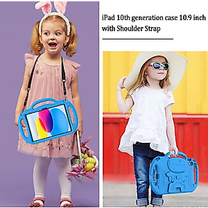 LTROP Kids Case for iPad 10th Generation 10.9 Inch 2022, iPad 10.9 Case 10th Generation, with Shoulder Strap, Durable Light Weight Handle Stand Child-Proof Bumper Case for iPad 10th Gen 2022, Blue