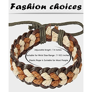 Akeoqi 12Pcs Braided Leather Bracelets Set For Men Women Wooden Beaded Cuff Wrap Bracelet Boho Ethnic Tribal Linen Hemp Cords Wrap Bracelets Adjustable Rainbow And White