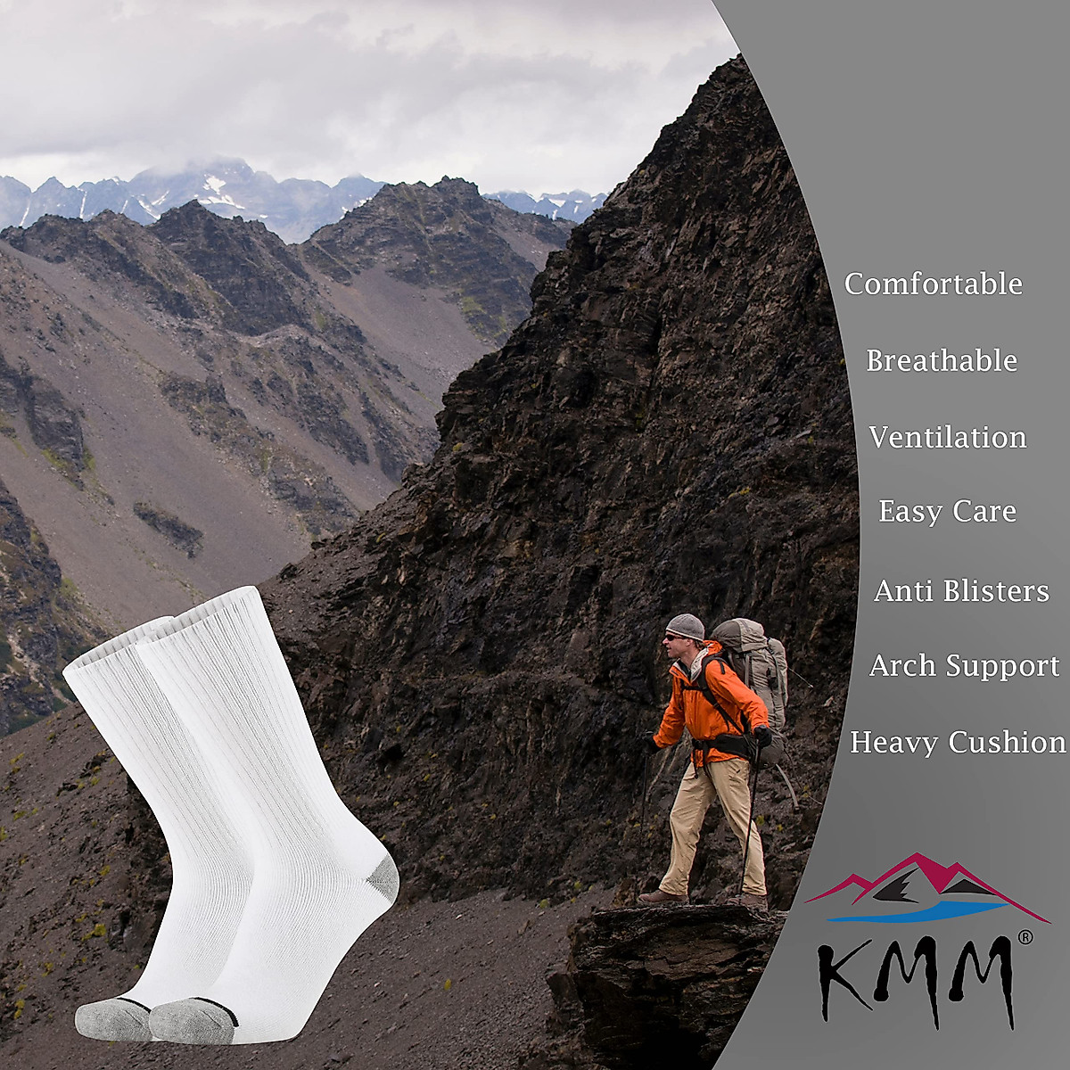 KMM Men's Cotton Full Thick Cushion Crew Socks Moisture Control Heavy Duty Work Boot Warm Thermal Anti Wicking Sweat Blisters 6P(White L)