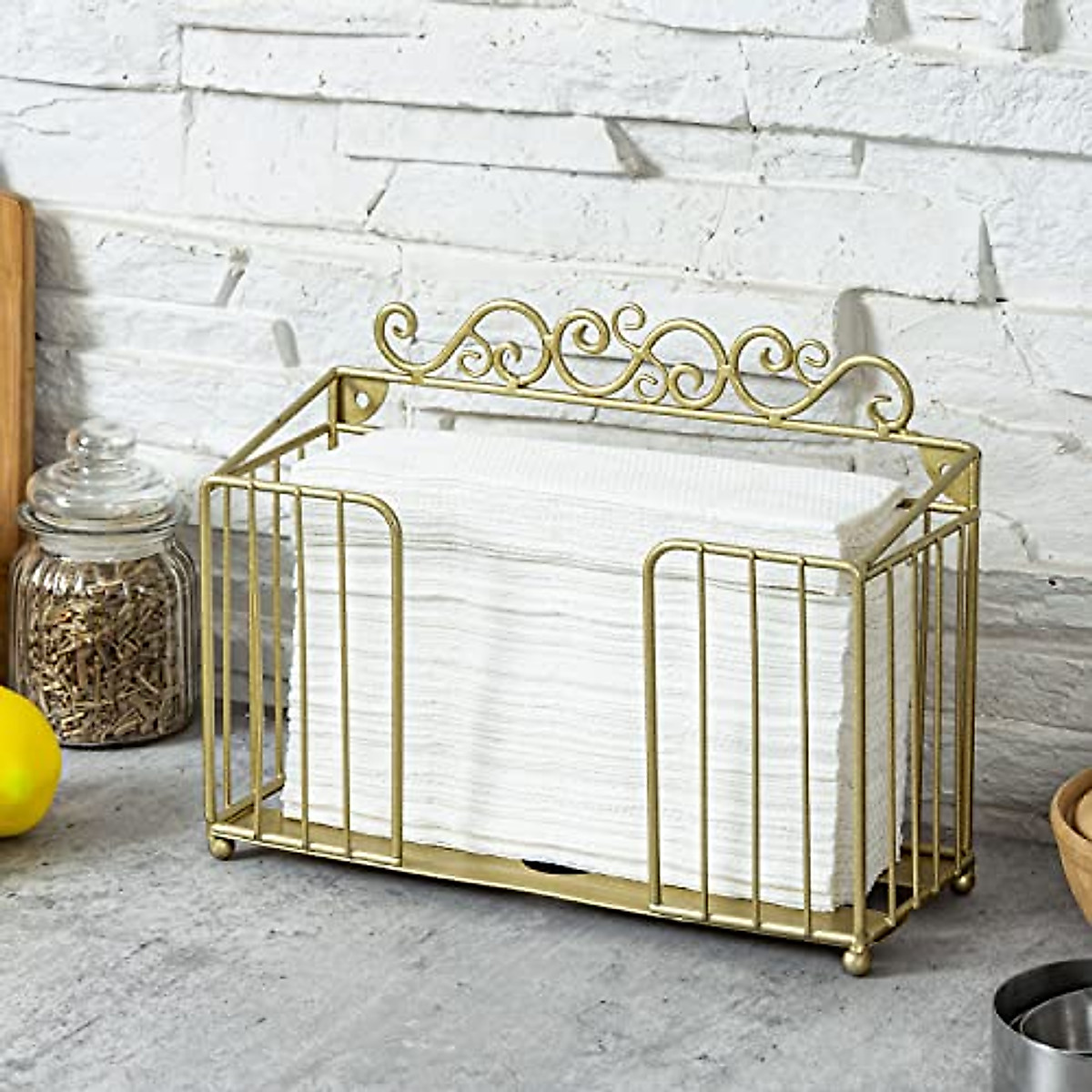 MyGift Vintage Brass Tone Metal Folded Paper Towel Holder with Scrollwork Design - Wall Mounted Trifold Z-Fold Disposable Napkin Dispenser Rack