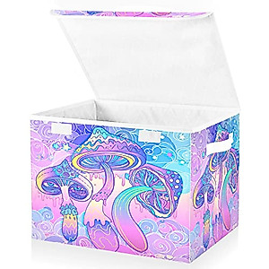 Blueangle Magic Mushrooms Storage Bins with Lids, 16.5 x 12.6 x 11.8 in, Large Collapsible Organizer Storage Basket for Home Office Décor（782）