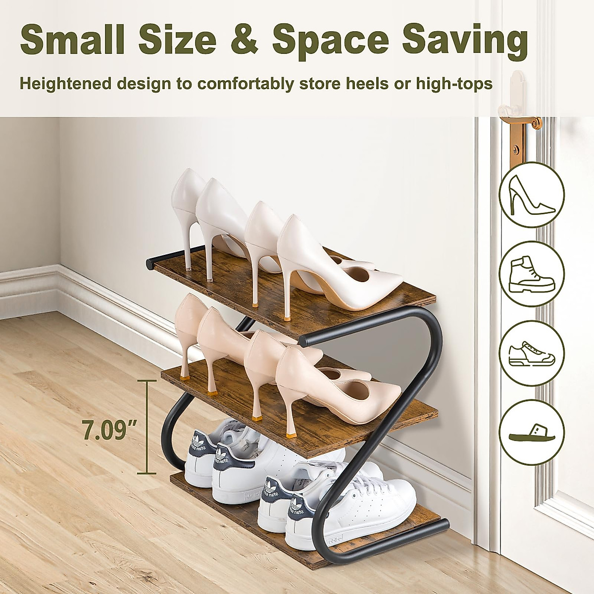 RUNJIMY Decorative Shoe Rack for Entryway, 3-Tier Wooden Shoe Organizer for Front Door Entrance, Sturdy Free-Standing Modern S-Shape Shoe Shelf