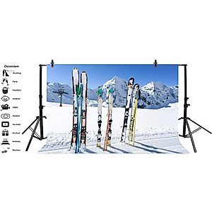 Leyiyi 10x7ft Ski Boards Stand in Snow Backdrop Cold Winter Sport Go Skiing Snow Covered Mountain Outdoor Adventure Photography Background Merry Christmas New Year Photo Studio Prop Vinyl Wallpaper