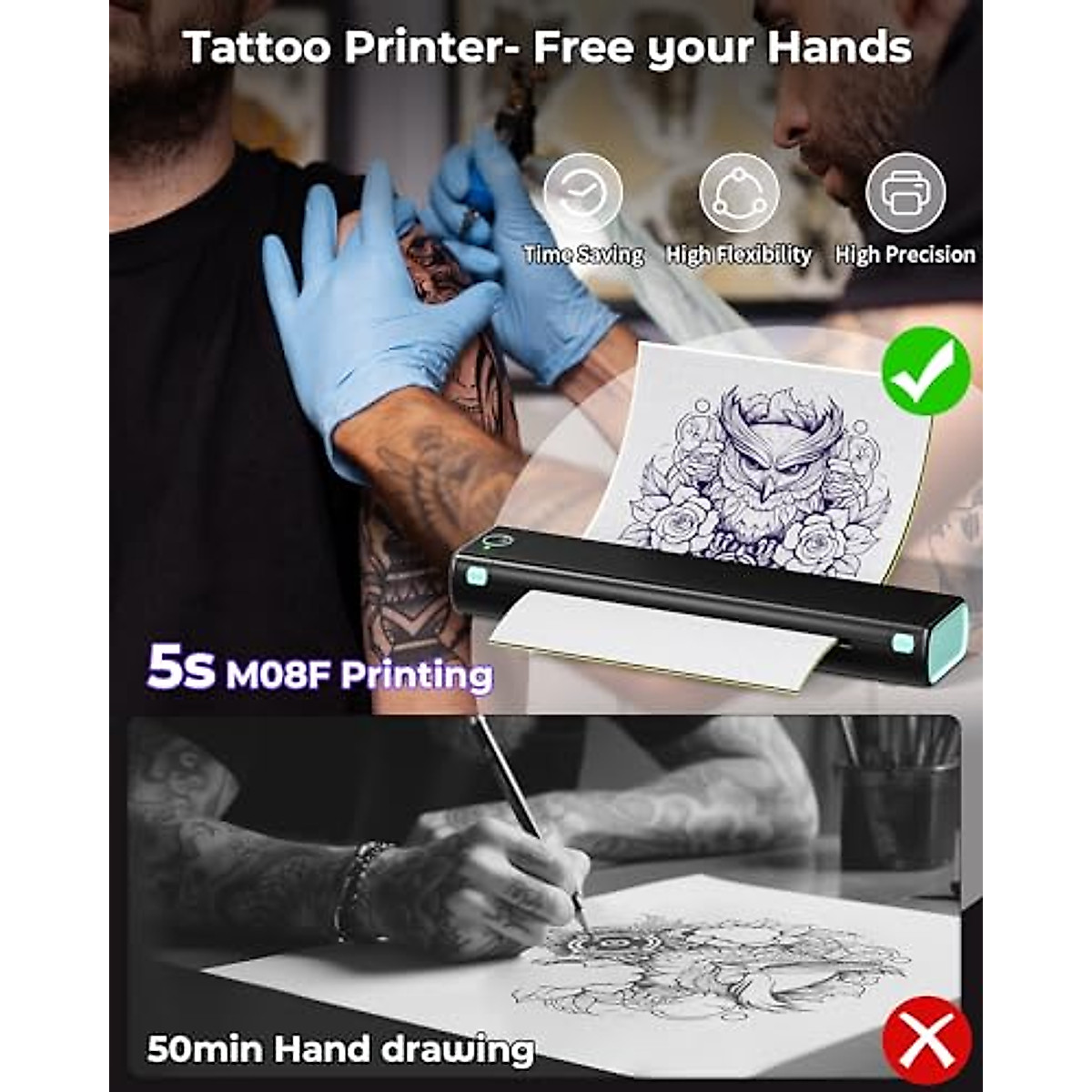 Itari M08F Tattoo Stencil Printer - Tattoo Transfer Machine Thermal Copier with 10pcs Transfer Paper, Bluetooth Stencil Printer for Tattooing, Henna Tattoo Machine Kits Compatible with Phone Ipad & PC