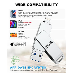 【App-le Certified】iDiskk 128GB Photo Storage Stick iPhone Storage Flash Drive for iPhone usb storage flash drive,iPhone USB External Storage for Mac,iPad and PC Photo Stick for Photos Videos Contacts