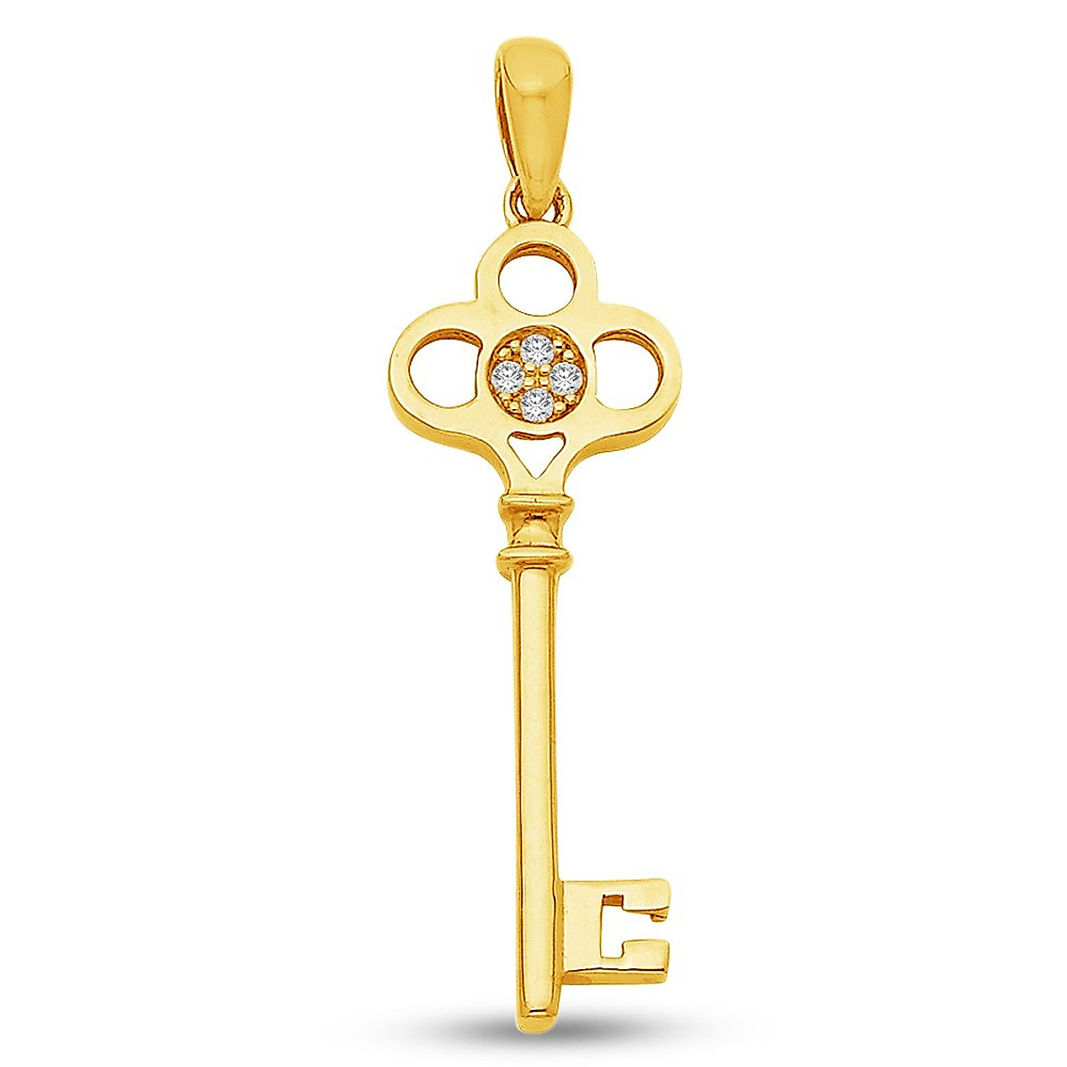 14K Yellow Gold Ornate Key to My Heart Charm Pendant with CZ Cubic Zirconia Accent (35x10 mm)