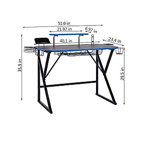 Amazon Basics Rectangular Gaming Computer Desk With Storage For Controller, Headphone & Speaker, Blue & Black, 23.4" D x 51" W x 35.9" H