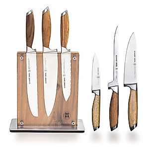 Schmidt Brothers - Bonded Teak, 7-Piece Knife Set, High-Carbon Stainless Steel Cutlery with Midtown Acacia and Acrylic Magnetic Knife Block