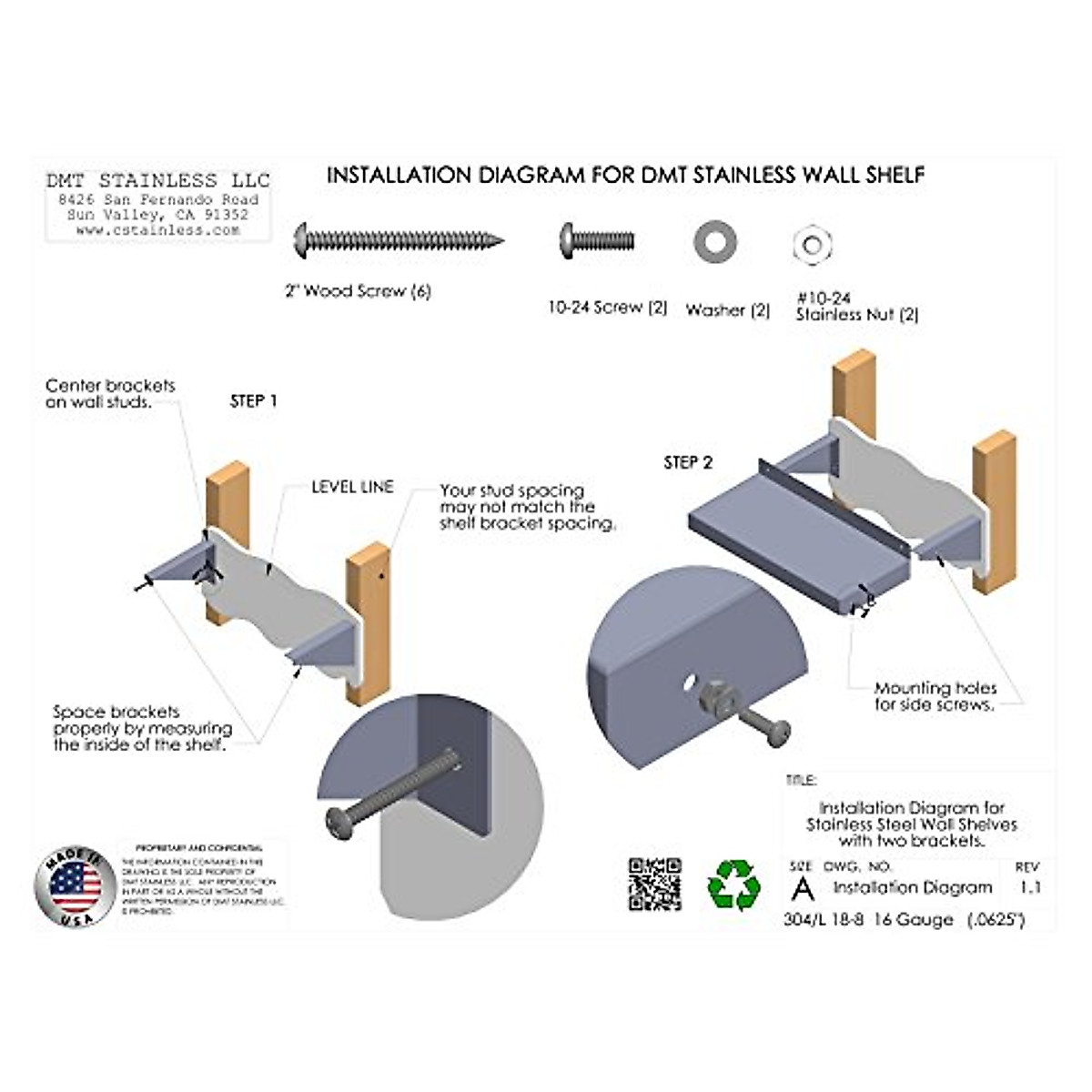 DMT Stainless Wall Shelf. 60" X 14" Deep. Made in USA. 16 Gauge 304/L Stainless Steel.
