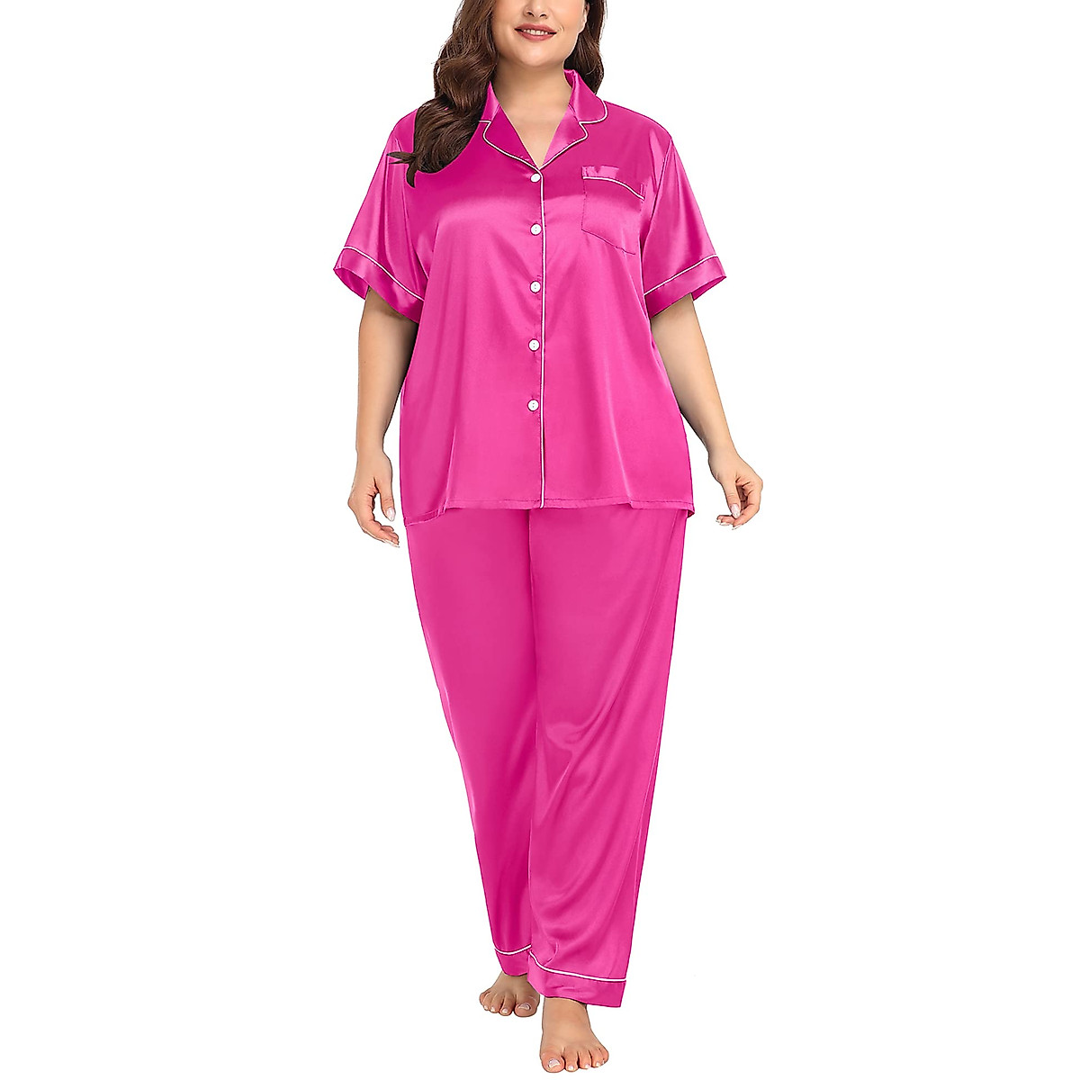 SWOMOG Satin Pjs for Women Plus Size Pj Set Summer Pajamas Smooth and Soft Pajama Set Comfy Nightwear 24W Rose Red