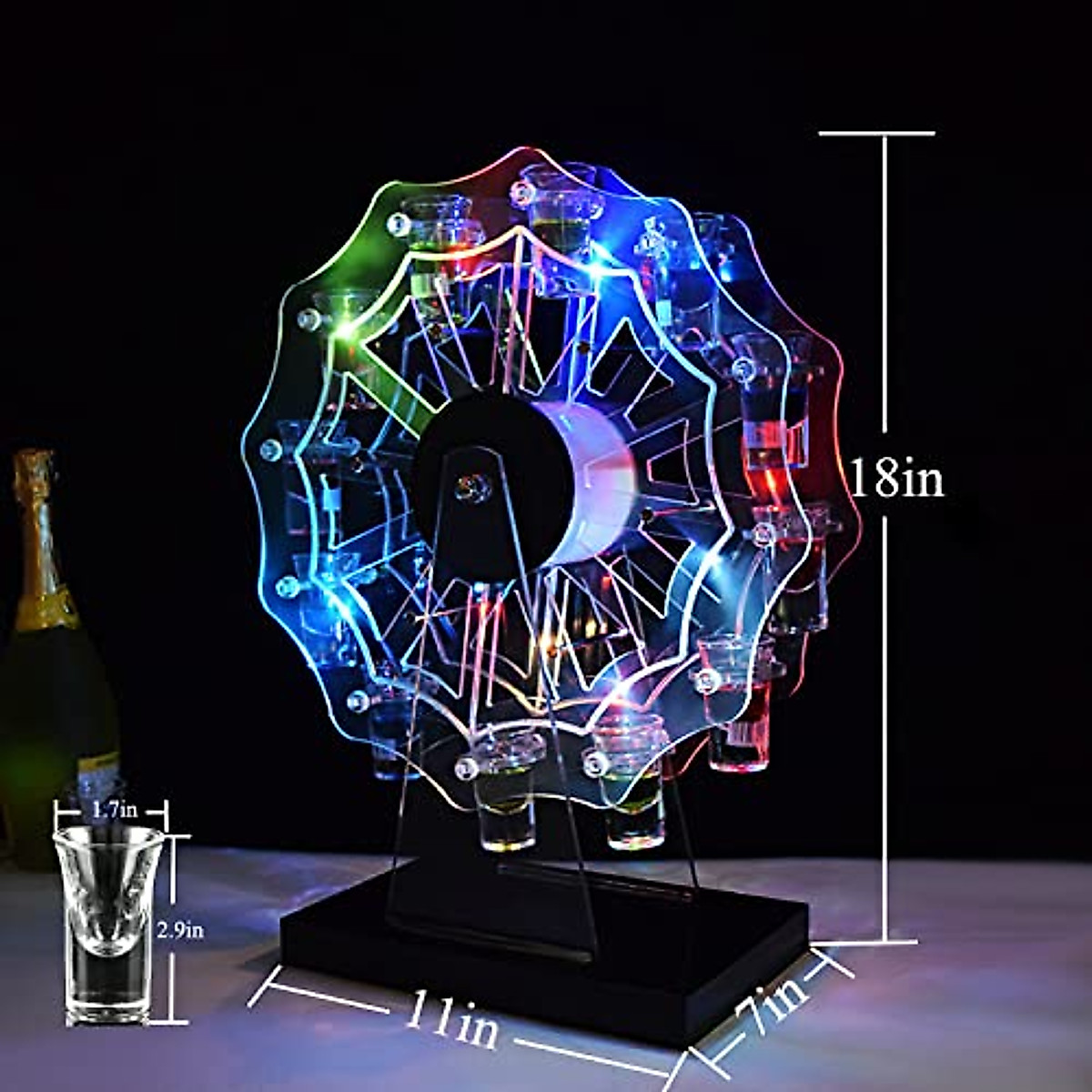LED Neon Ferris Wheel Champagne Wine Acrylic Cup Holder, Colorful Light Spinning Stand with 12 Glasses Cups, Party Bar Drinking Tumblers Stand for Birthday, Wedding, Anniversary, 18" High