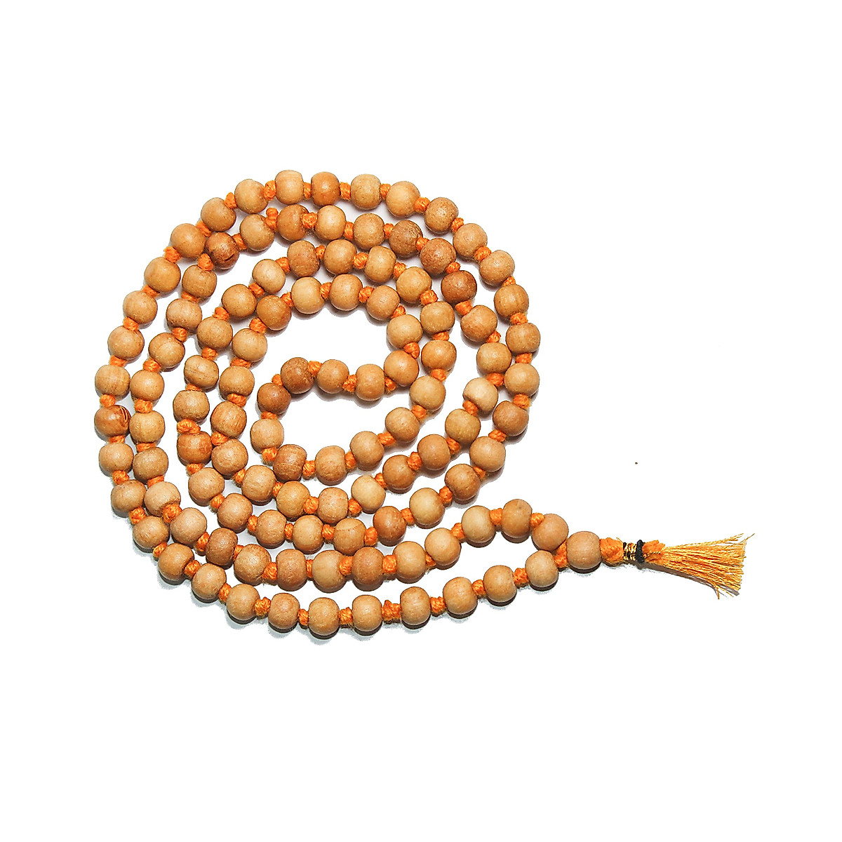 IS4A 8MM TULSI HOLY BASIL PRAYER BEADS JAPA MALA NECKLACE HAND KNOTTED. KARMA (108+1) BEADS. BLESSED & ENERGIZED HINDU TIBETAN BUDDHIST SUBHA ROSARY (ORANGE TESSEL)