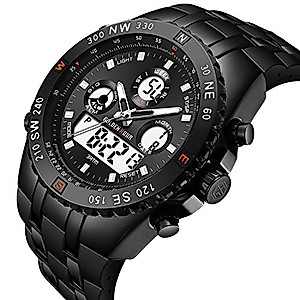 GOLDEN HOUR Huge Face Big Size Military Sports Mens Watches Waterproof, Stopwatch, Date and Date, Alarm, Luminous Digital Analog Stainless Steel Wrist Watch with Rubber Band in Black