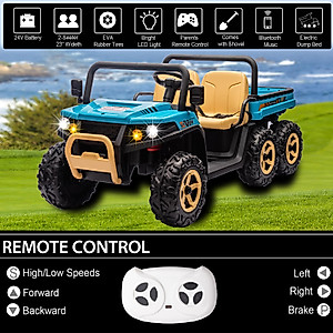 POSTACK 24V 4WD Ride on Dump Truck, 6 Wheels Ride On Car with Remote Control, Side by Side 2 Seater Power 6 Wheels for Big Kids, Ride on Tractor for Toddler with Music, Bluetooth, Blue