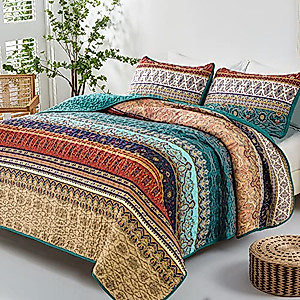 WONGS BEDDING Boho Queen Quilt Set, Green and Brown Bohemian Queen Quilt Bedding Set, Lightweight Microfiber Bed Decor Bedspread for All Season 96"x90"(3 Pieces)