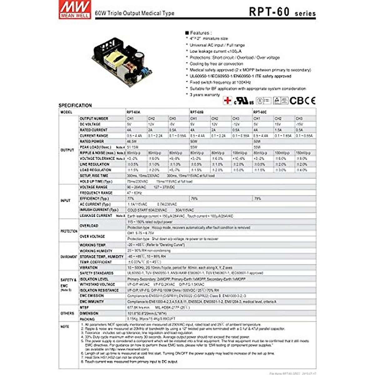 Medical 50W RPT-60B Meanwell AC-DC Triple Output RPT-60 Series MEAN WELL Switching Power Supply