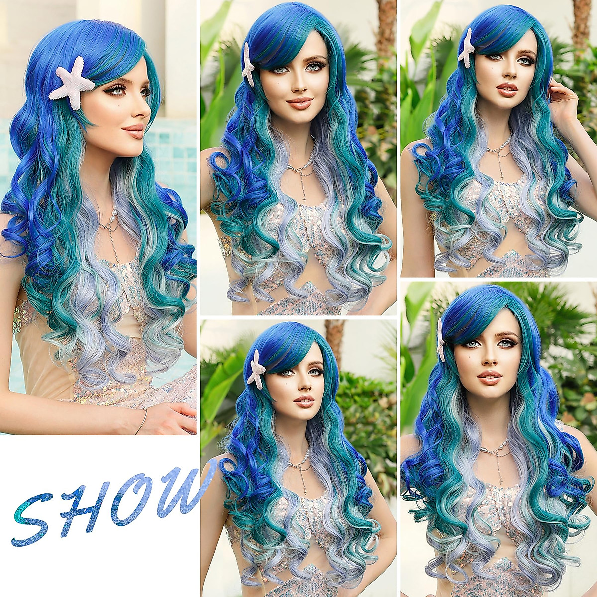 7JHH WIGS Long Wavy Costume Wigs Cosplay Mermaid wig for Women Halloween Party Used High Temperature Heat Resistant Fiber Natural Hairline Cos I Love Lucy Wig (28in, Blue Purple Mermaid Ombre Wig)