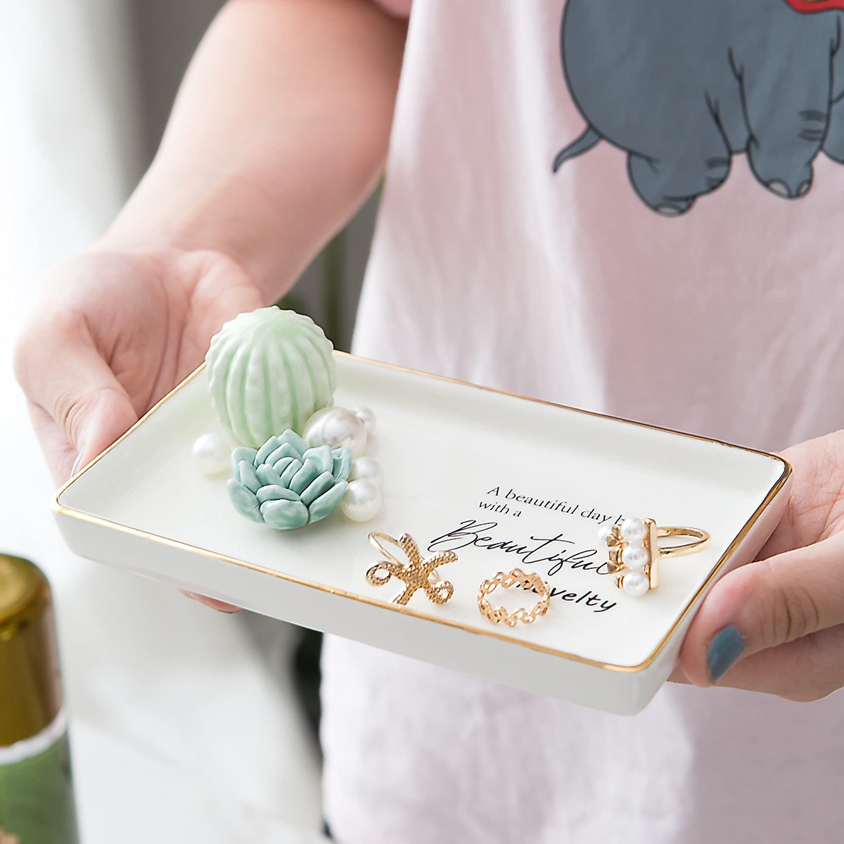 Kimdio Ceramic Jewelry Dish, Cactus Ring Holder, Trinket Tray Earrings Necklace Organizer, Gift for Wedding, Christmas, Birthday, Engagement Party