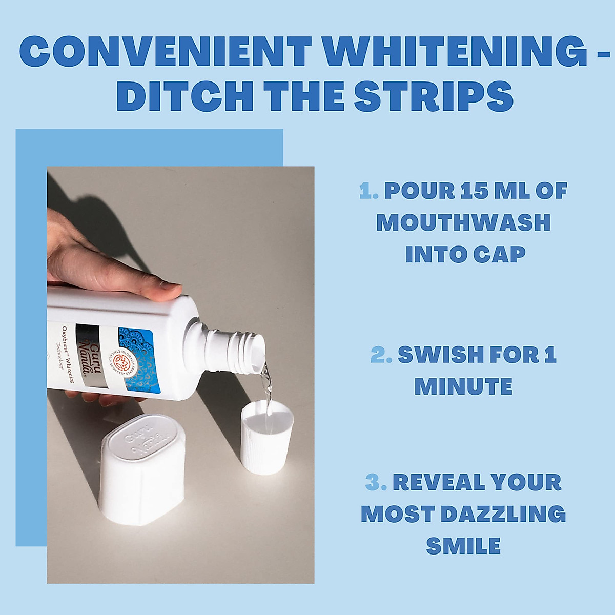 GuruNanda Oxyburst Teeth Whitening Mouthwash - 20 Fl.Oz. (591 ml) Wild Mint Flavor - Alcohol Free, Fluoride Free Mouthwash, Dentist Recommended Mouth Rinse with Pure Essential Oils, Vitamin D & E, Old