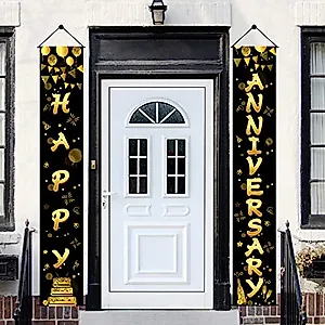 Yoaokiy Happy Anniversary Door Banner Decorations, Wedding Anniversary Party Sign Supplies, Gold Anniversary Party Welcome Door Porch Sign Decor for Outdoor Indoor