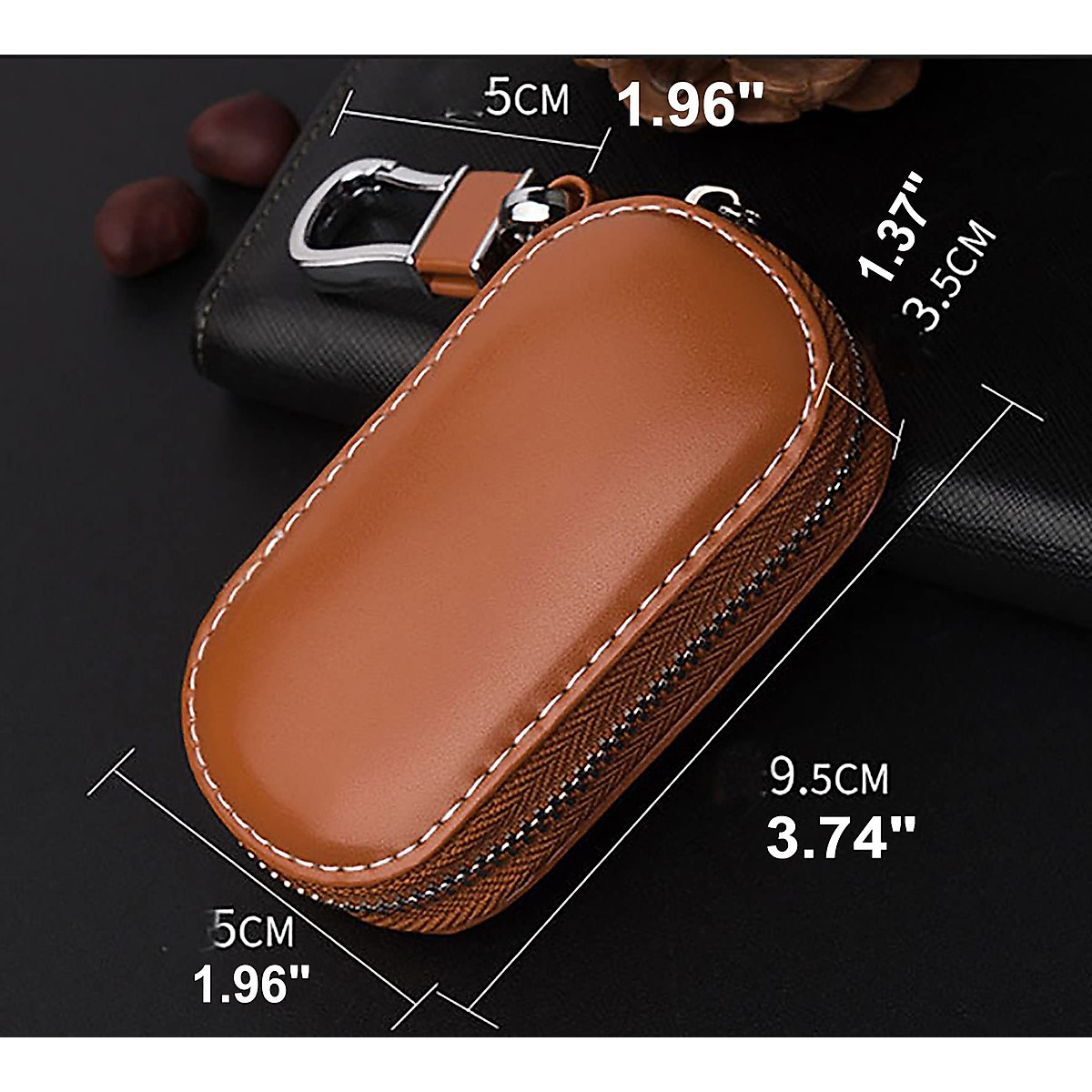Acrecean Leather Car Key Case, Car Smart Key Chain Protector for Car Key Case Holder with Metal Hook, Car Remote Case with Zipper
