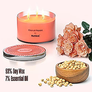 Bekind Large Jar Candles - 3-Wick Scented Candle for Home, Energy Candle Aromatherapy, Natural Soy Wax and Air Freshener Fragrance, Perfect Birthday Gifts for Women, Best Friend - 14oz(Coral Rose)