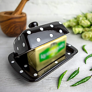 Handmade Ceramic European Covered Butter Dish With Lid | Unique Black and White Polka Dot Pottery Butter Keeper | Housewarming Gift by City to Cottage