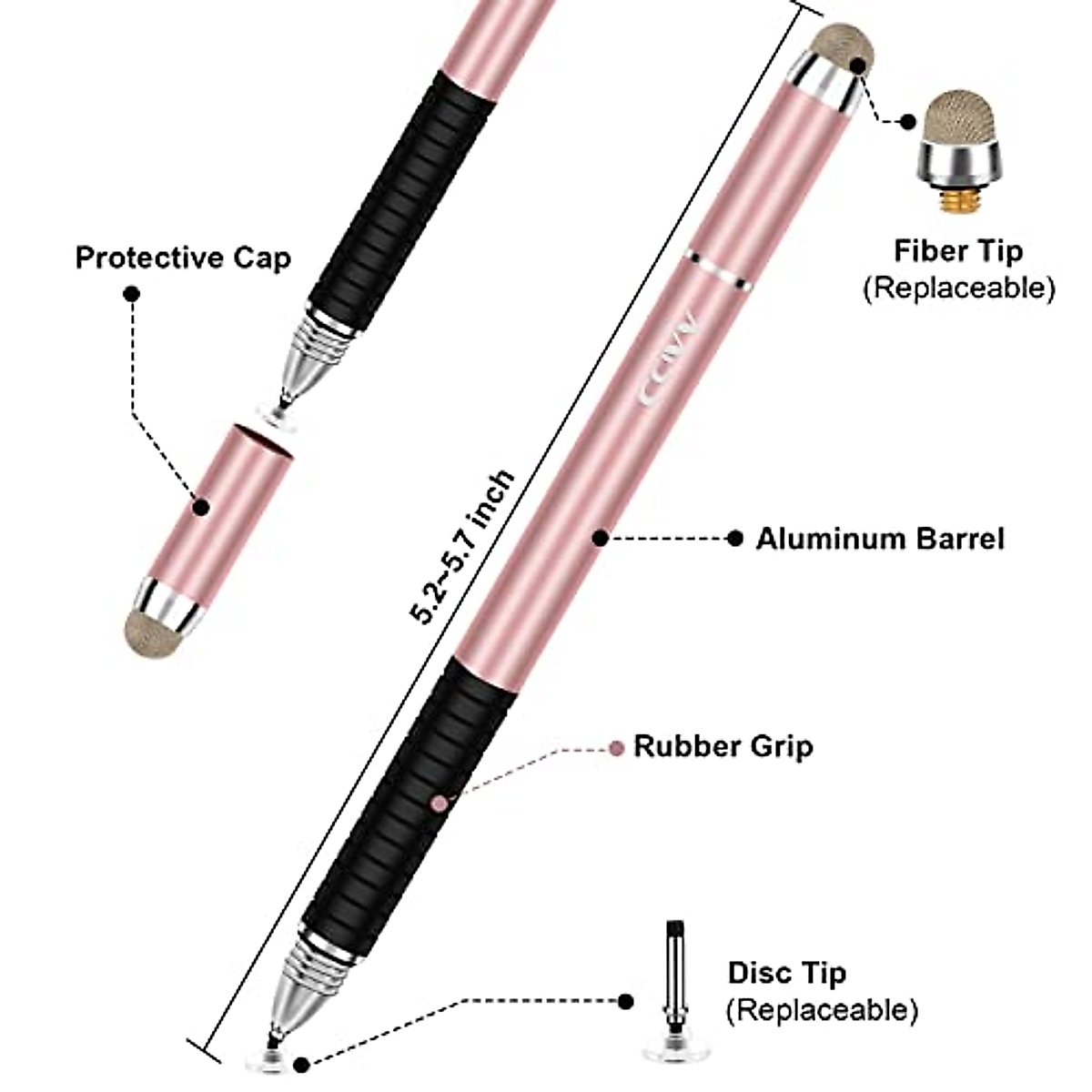 CCIVV Stylus Pen 2 in 1 Fine Point & Mesh Tip for Touch Screen, Compatible for Tablet and Cellphone (1Pc, Rose Gold)