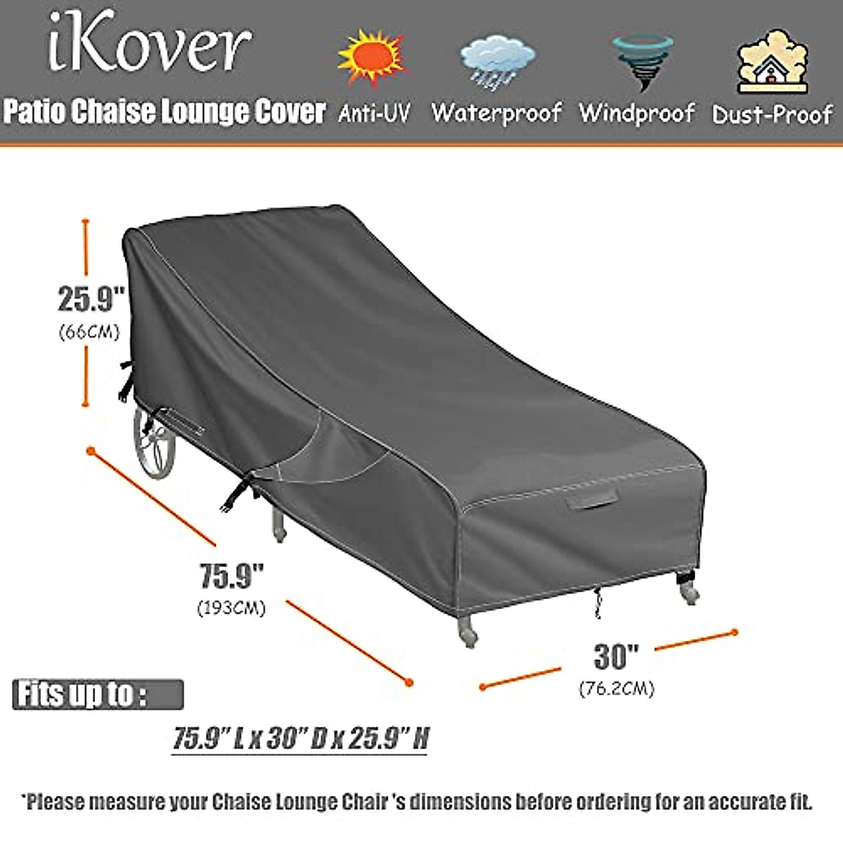 iKover Patio Chaise Lounge Cover, Patio Furniture Outdoor Lounge Chair Covers Waterproof with Sealed Seam, 76 inch Heavy Duty Chaise Cover, Provide a Great Fit and All Weather Protection, 2-Pack, Grey