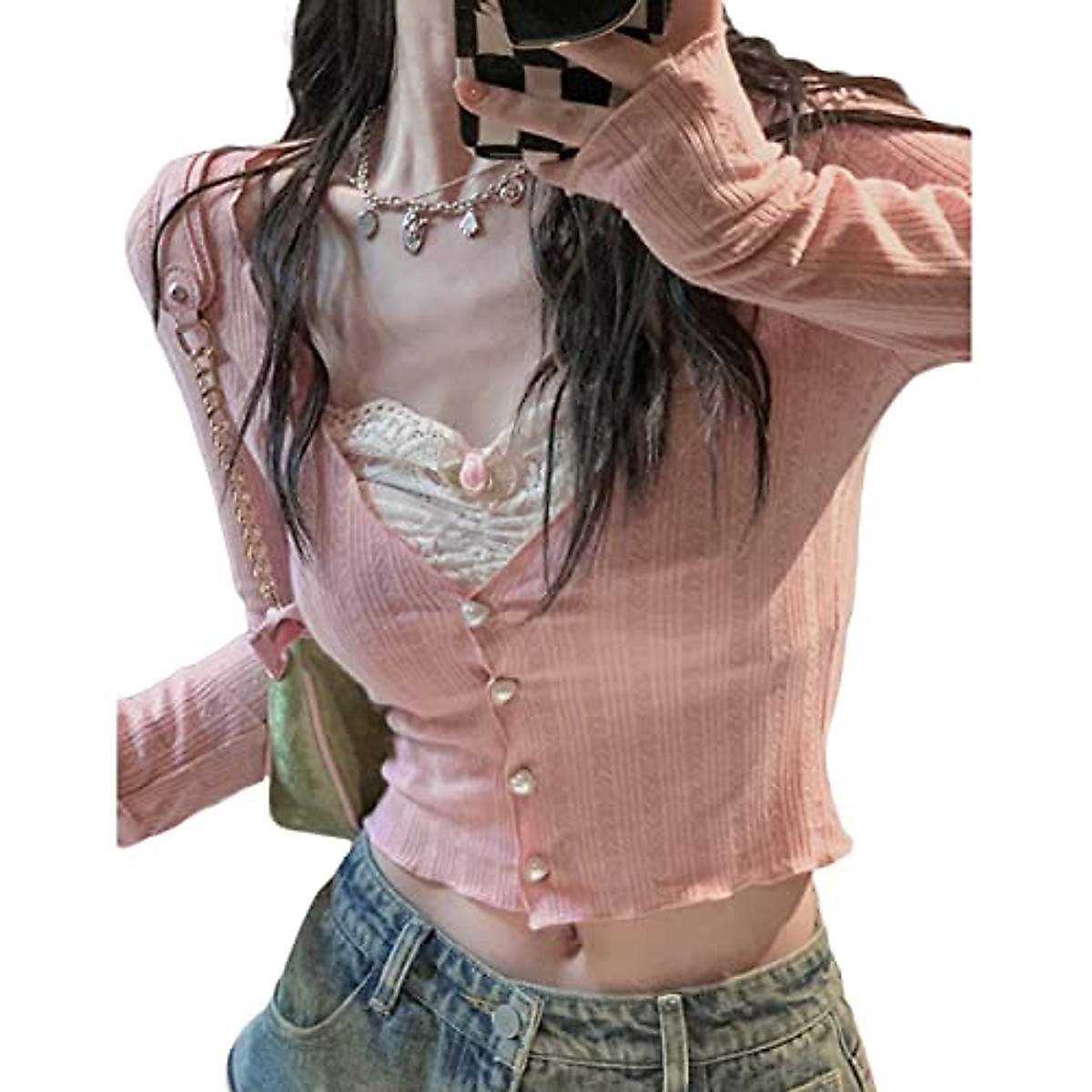 Y2K Women Lace Patchwork V-Neck Knitted Aesthetic Crop Tops Fall Long Sleeve Flim Fit Fairy Grunge Shirt E Girl Streetwear (Pink, S)