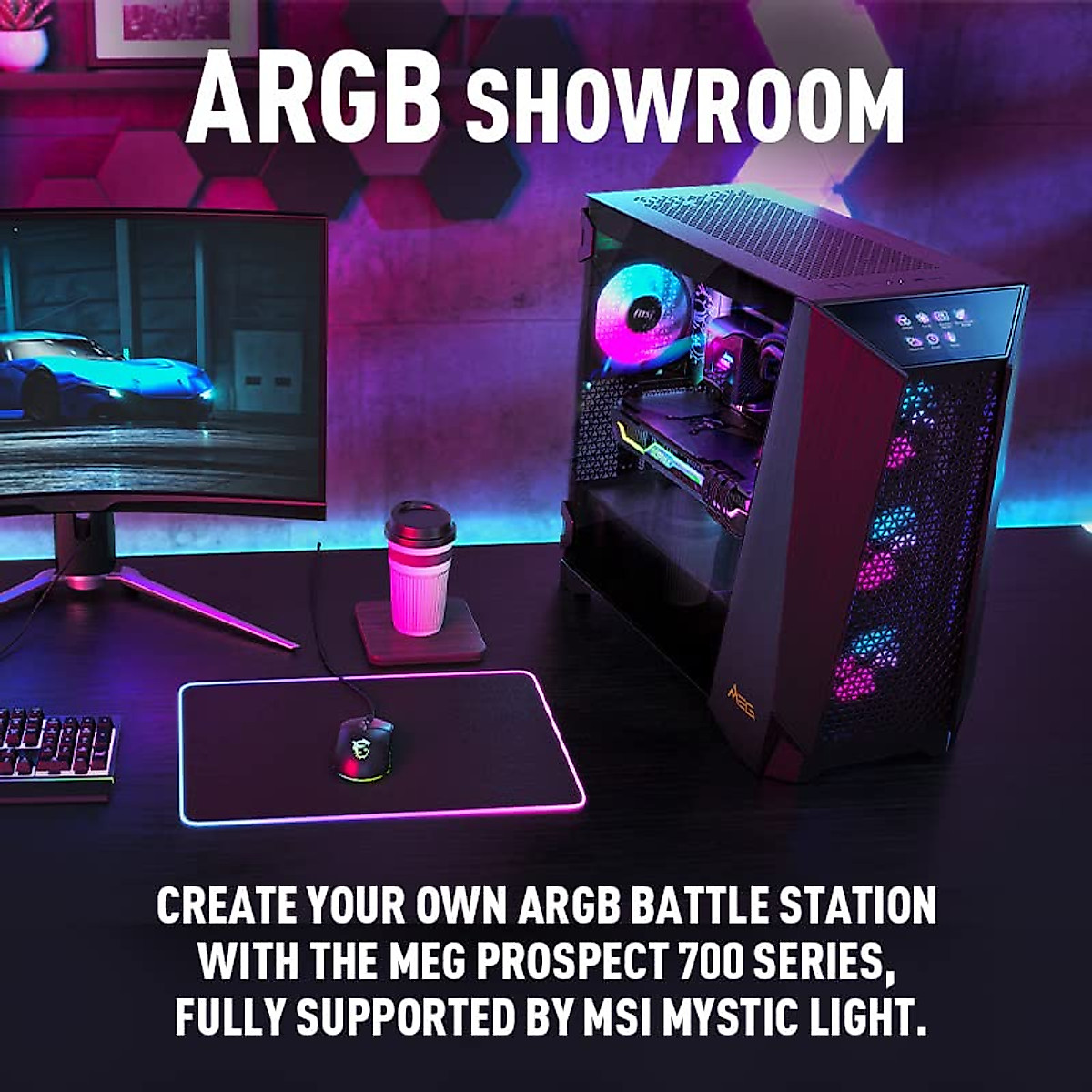 MSI MEG Prospect 700R – 4.3" Touch Panel Display - Tempered Glass Side Panel - Vertical GPU Mount – 4X ARGB 120mm Fan – Liquid Cooling Support up to 360mm Radiator x 1 – Cable Management System