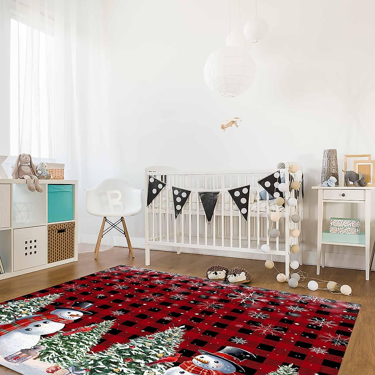 Christmas Snowman Area Rugs Xmas Tree Snowflake Red and Black Buffalo Plaid Non-Slip Washable Rug Indoor Rug Floor Mats Non Shedding Carpet for Living Room Bedroom Dining Room Home Decor 2.7x5 Ft