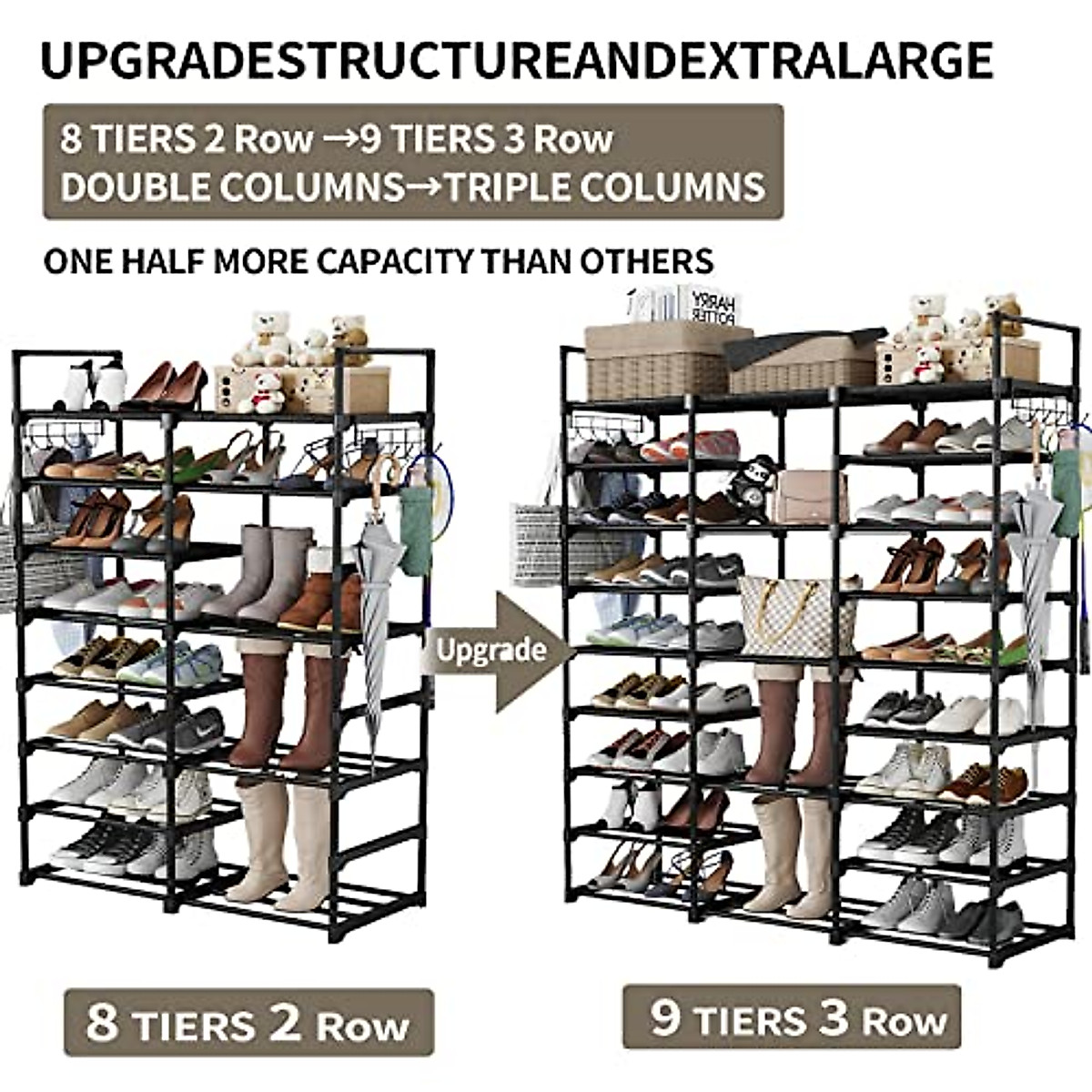 Kottwca Shoe Rack Organizer for Entryway Closet, 9 Tiers Metal Shoe Storage Shelf for 50-55 Pairs Shoe and Boots, Space Saving Large Shoe Cabinet for Bedroom Cloakroom Hallway