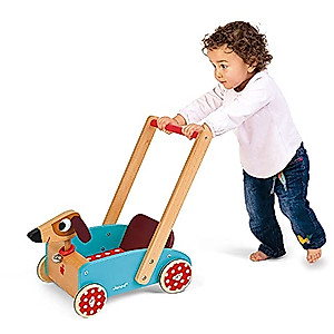 Janod Crazy Doggy Cart – Adorable Wooden Push Toy Walker with Storage – Dog Bell Rings When the Cart is Pushed - Encourages Walking and Discovery – Ages 1+ years.