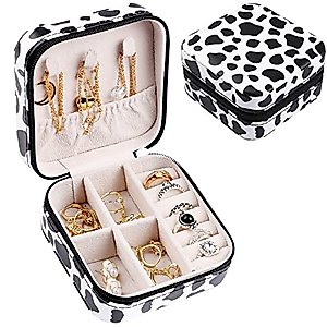 ENONCI Travel Jewelery Case with Cow Print, Travel Essentials for Women Portable Small Jewelry Box, Mini Travel Jewelry Organizer, for Ring, Earring, Necklace, Bracelet Organizer for Girls Women