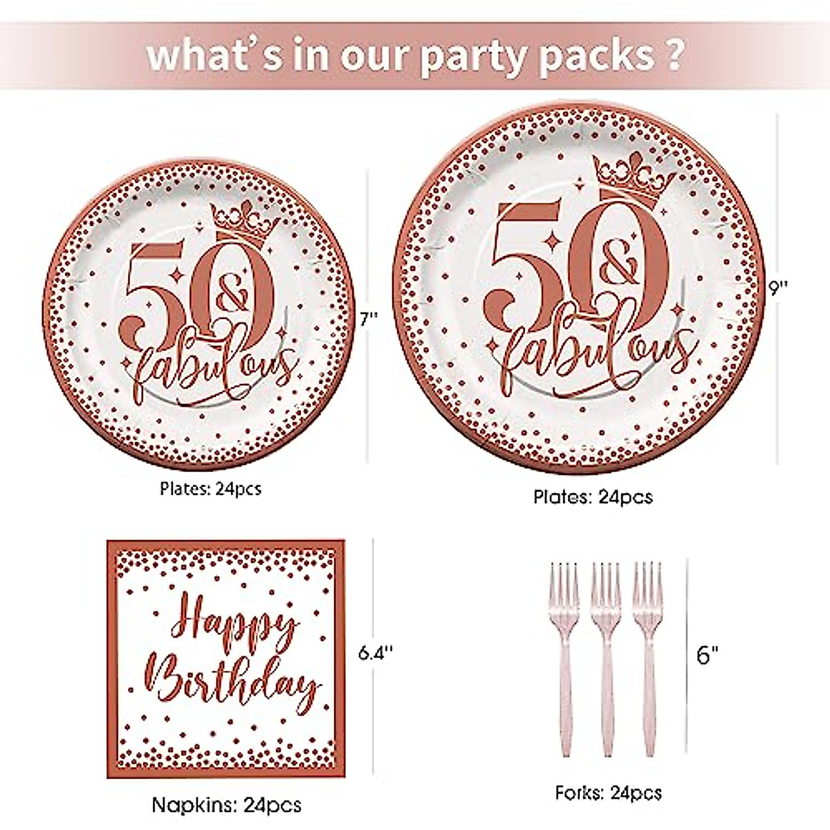 GREPARPY 50th Birthday Decorations Women Tableware - Rose Gold 50 And Fabulous Birthday Decorations Dinnerware, Fifty Birthday Plate, Napkin, Fork, Her 50-Year-Old Birthday Party Supplies | Serve 24
