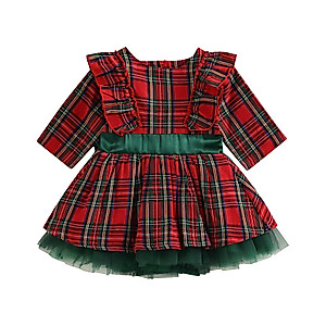 Toddler Baby Girl Christmas Dress Cute Long Sleeve Red Green Plaid Princess Tulle Tutu Dress with Bowknot Outfit (4-5T, Plaid Tutu Dress Green)