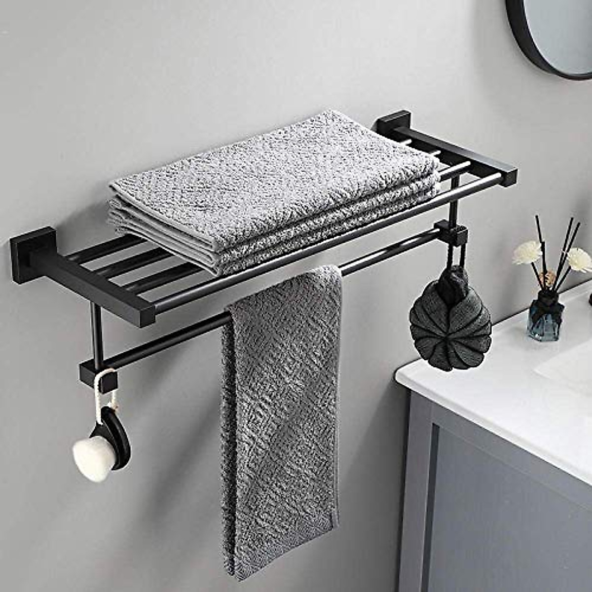 ZJYWMM Fast Drying Adhesion Easy to fit Bath Towel Easy tSpace Aluminum Black Paint Double-Layer Multi-bar with Storage Platform Multifunctional Hotel Kitchen Wall-Mounted Towel Rack-Leng