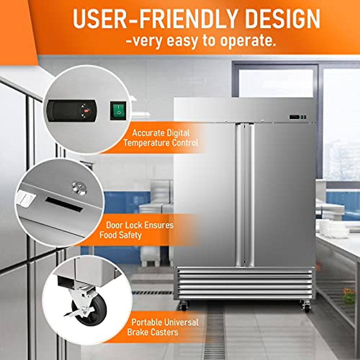 HOCCOT Commercial Refrigerator 54” Two Solid Door Reach-In Cooler, Stainless Steel 2 Sections Air-cooled Refrigerator with Adjustable +33°F~+41°F Temp Range in LCD Display, 49 Cu.Ft for Restaurant