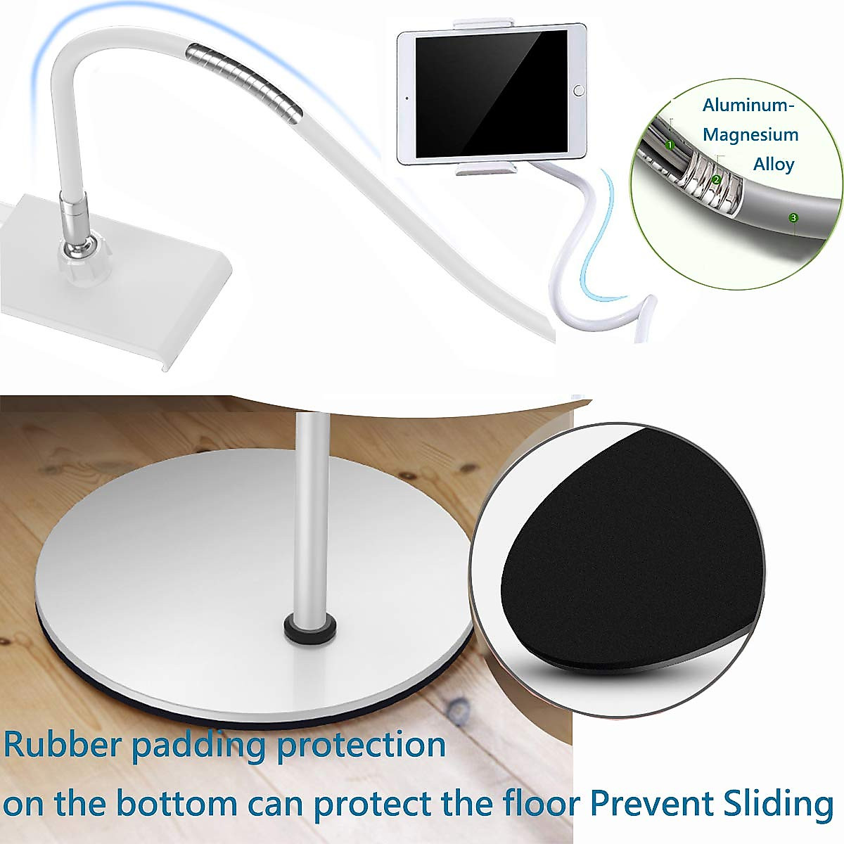 Gooseneck Tablet Stand Cell Phone Stand with Stable Base Adjustable 360 Degree Rotating Floor Stand for iPad Within 4-12.9 inches