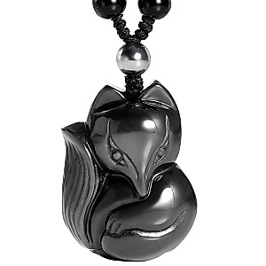 Jewever Black Obsidian Lucky Fox Necklace Natural Stone Healing Crystal Pendant Protection Amulet/Talisman Gemstons Pendant Jewelery