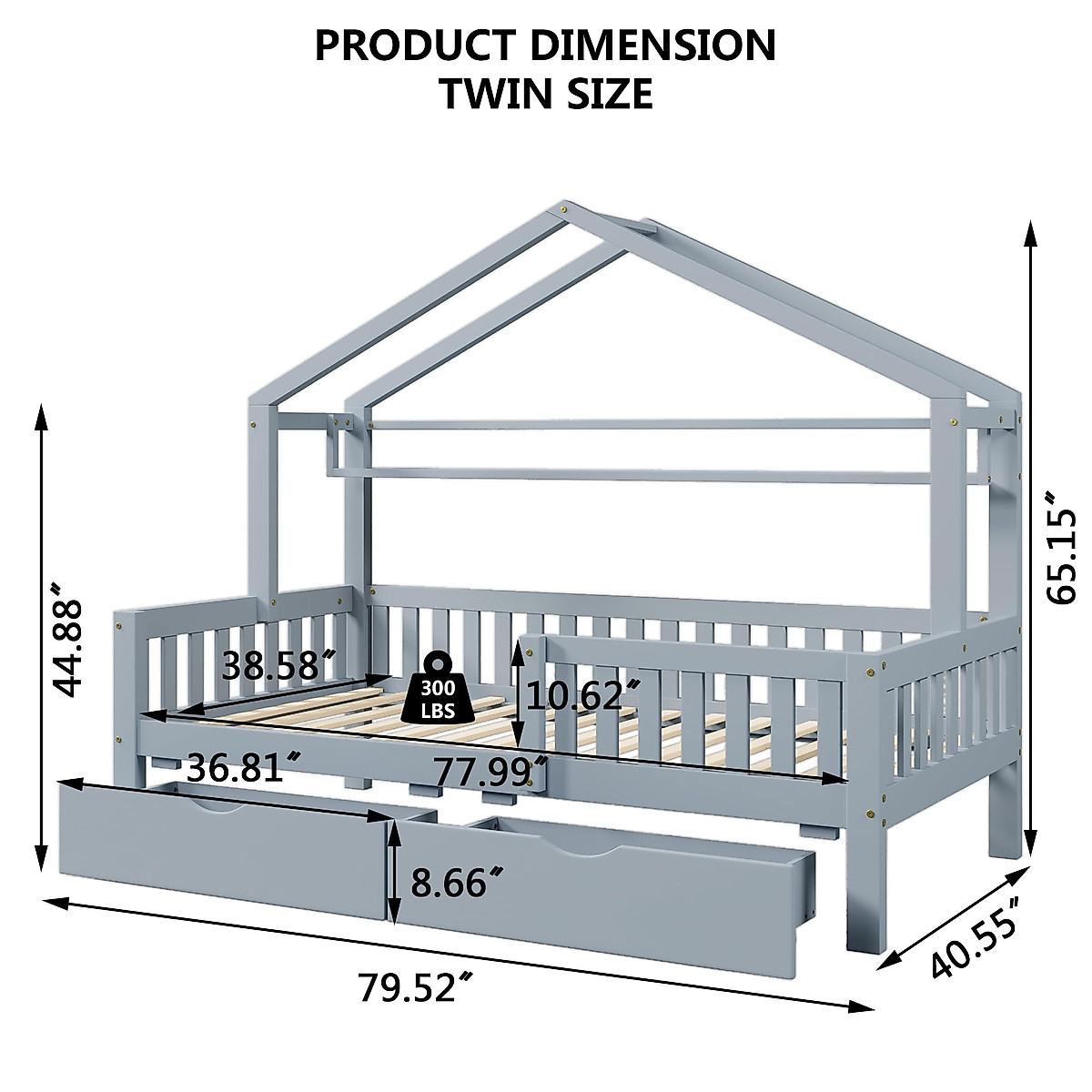 Aoowow Twin Size House Bed with Storage Drawers & Shelf,Kids Wooden Bed Frame Twin Platform Bed with Slats and Fence for Boys Girls Teens for Bedroom(Grey)