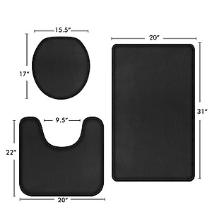 FEELSO Memory Foam Bath Mat Set, 3 Piece Bathroom Rugs Non Slip and Absorbent Mats, 20x31 Inches Floor Mat, 20x22 Inches U-Shaped Contour Rug and Toilet Lid Cover for Tub Shower & Bath Room, Black